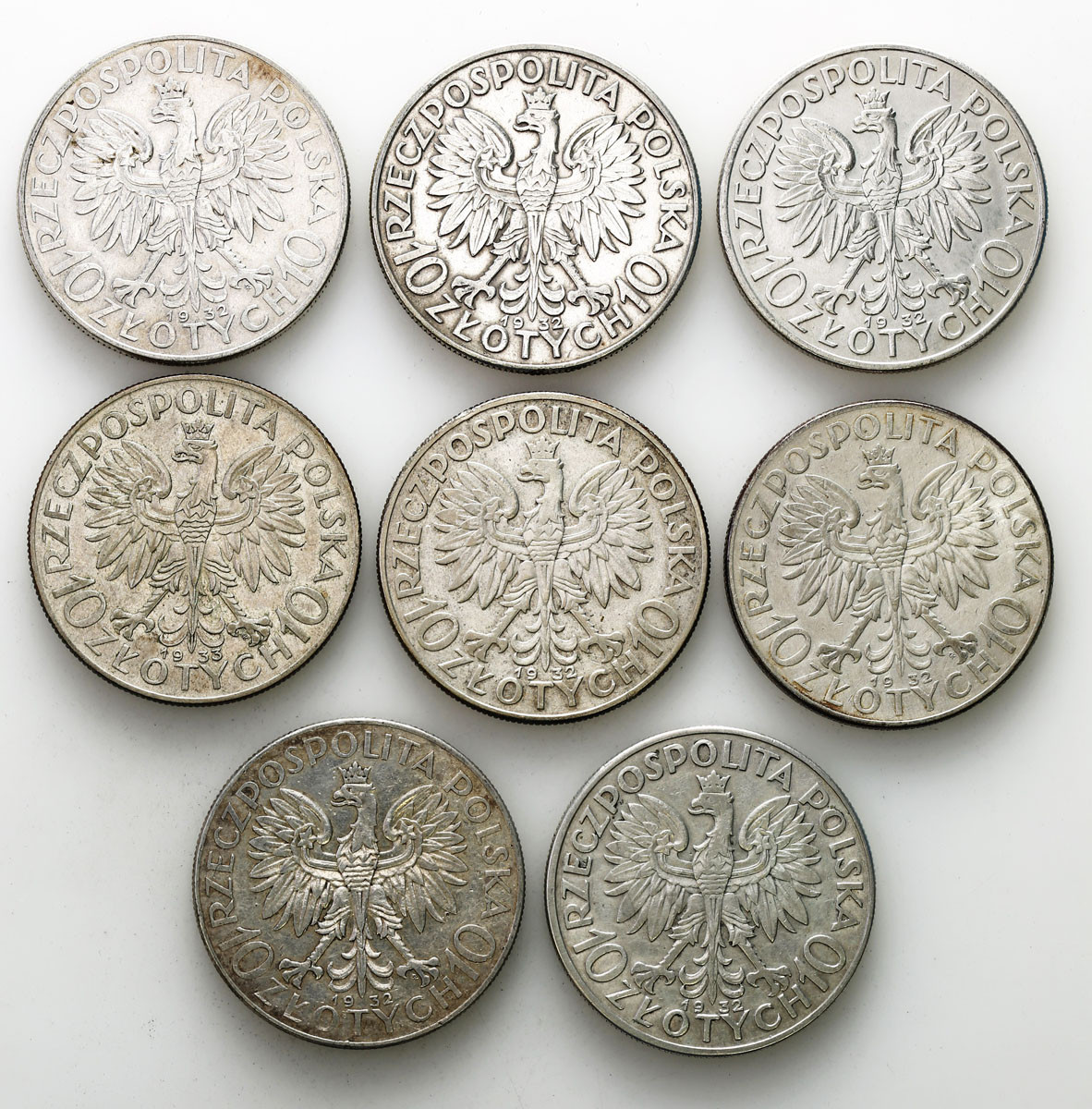 II RP. 10 złotych 1932-1933 głowa kobiety, zestaw 8 sztuk | archiwum.niemczyk.pl